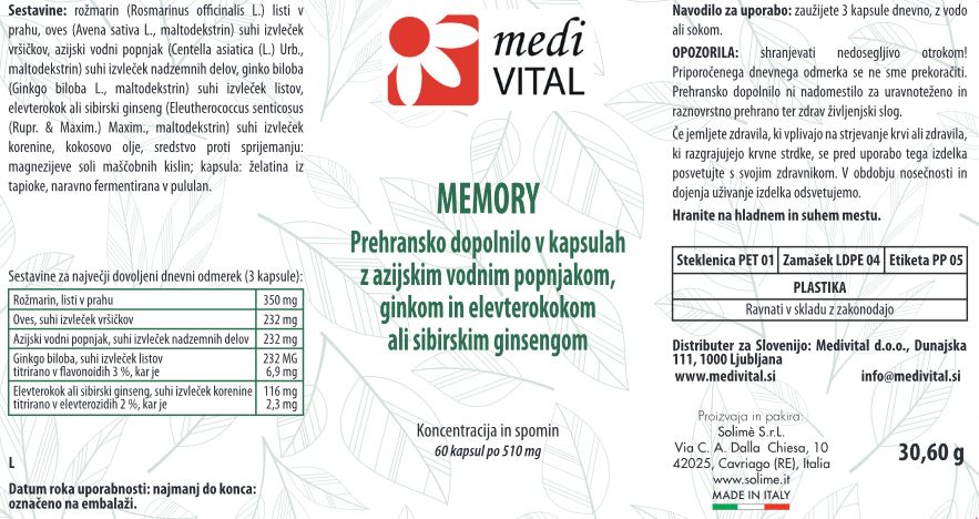 Medivital, Memory, 60 kapsul - Prehranska dopolnila