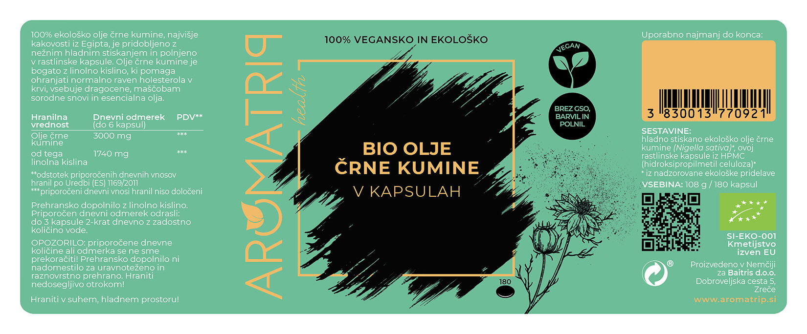 Bio olje črne Kumine v kapsulah, 180 veganskih kapsul - Prehranska ...