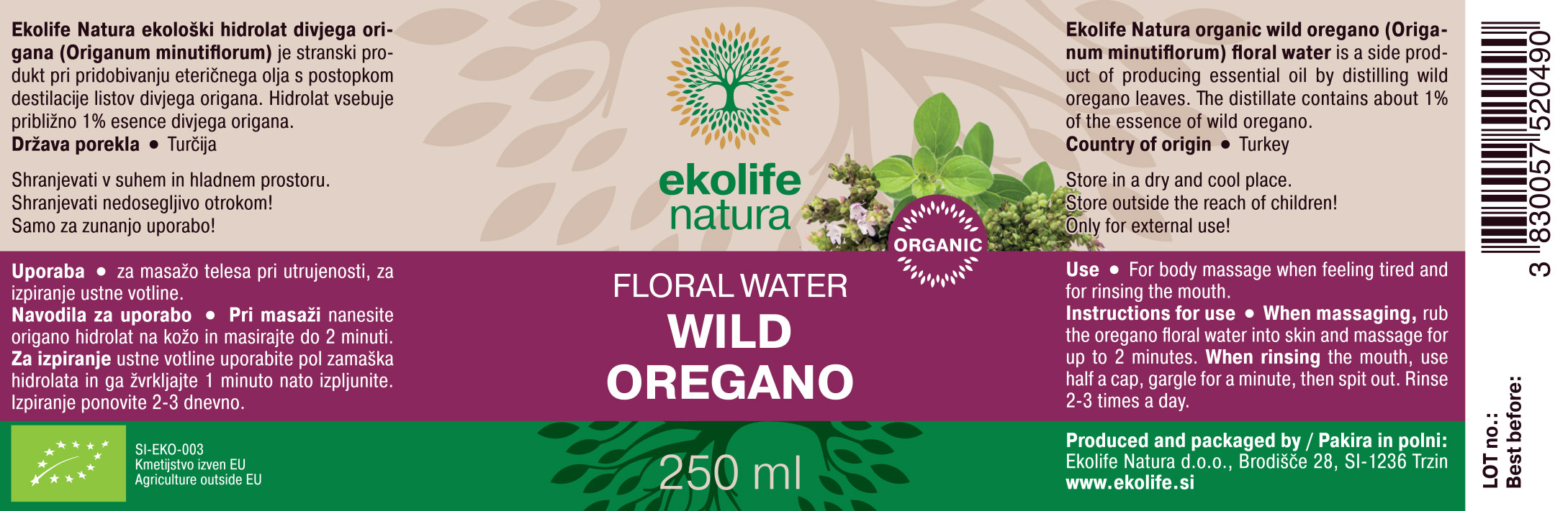 Ekološki hidrolat divjega origana Ekolife natura, 250 ml - Prehranska dopolnila