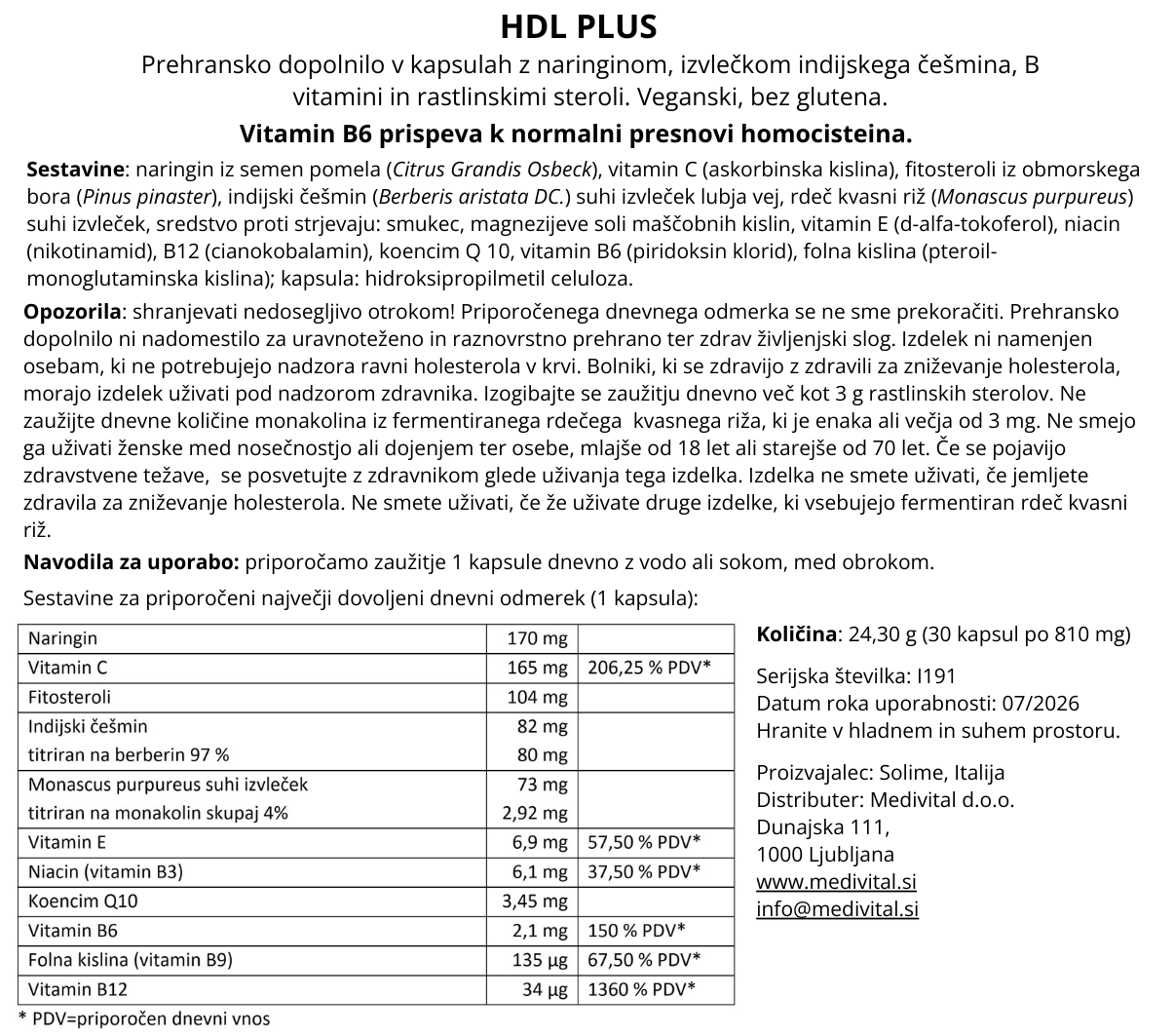 HDL Plus Solime, 60 kapsul - Prehranska dopolnila
