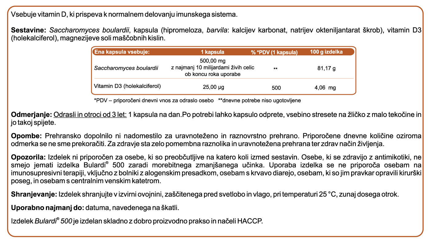 Bulardi 500, Saccharomyces boulardii 500mg, vitamin D3 25μg, 10 kapsul ...