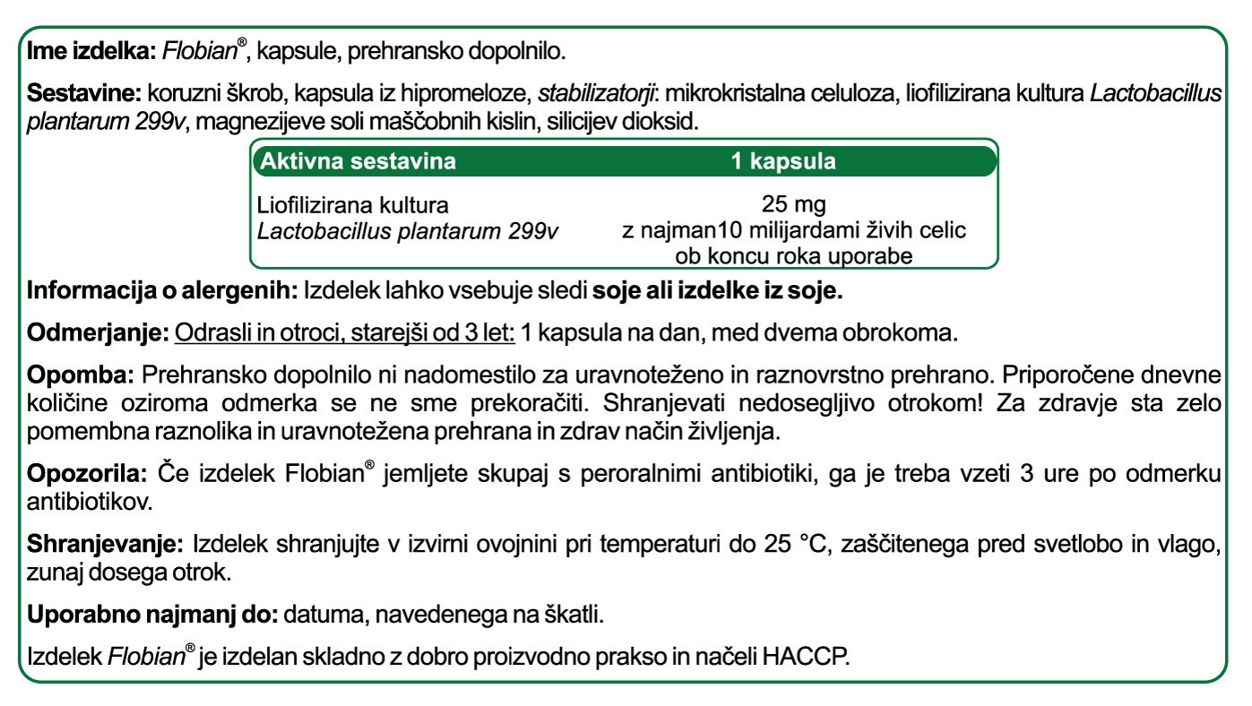 Flobian, Lactobacillus plantarum 299v, 25 mg, 30 kapsul - Prehranska ...