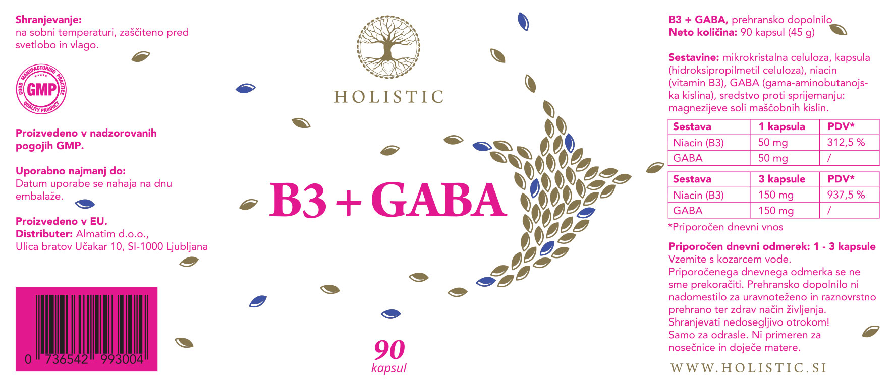 Holistic, B3 + Gaba, 60 kapsul - Prehranska dopolnila